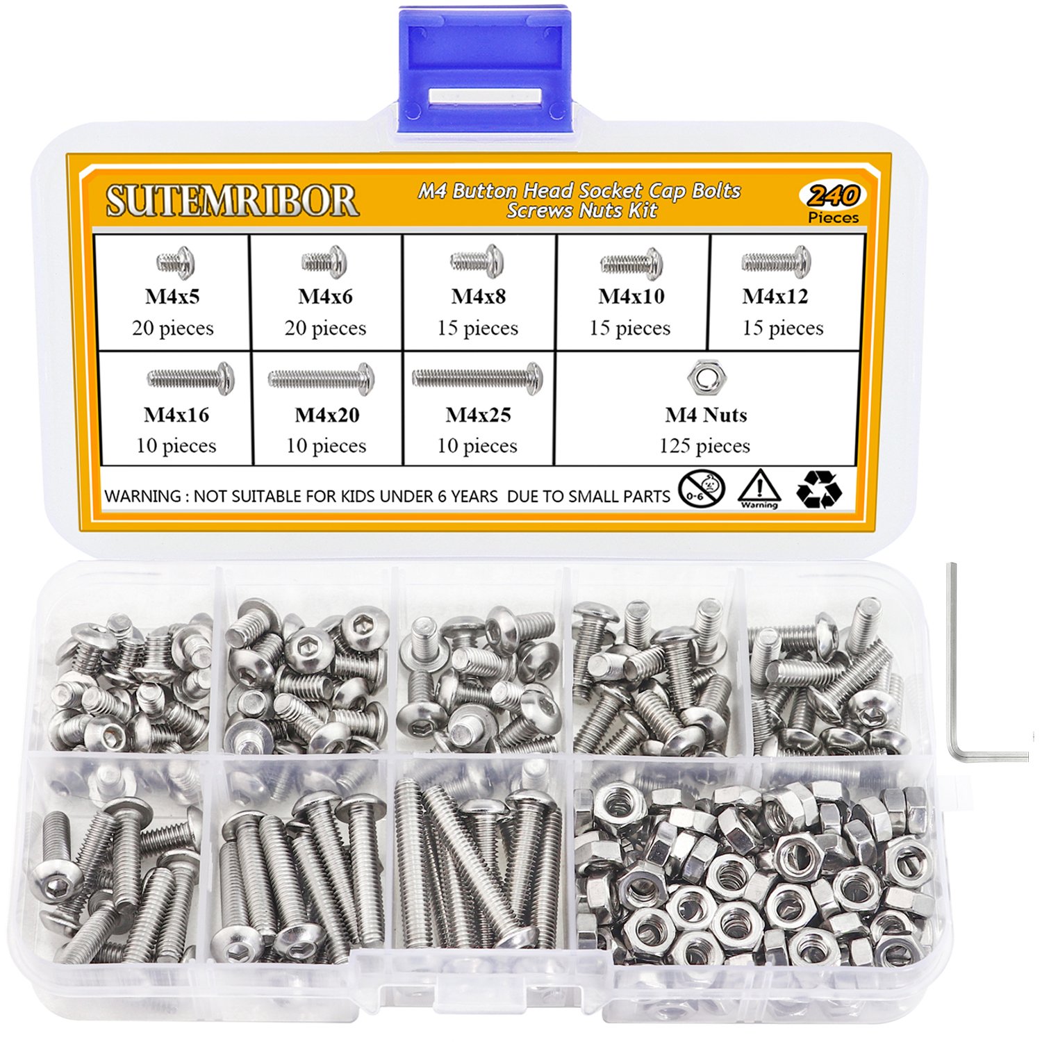 Sutemribor 240 Pieces M4 Stainless Steel Button Head Hex Socket Head Cap Bolts Screws Nuts Assortment Kit + Wrench