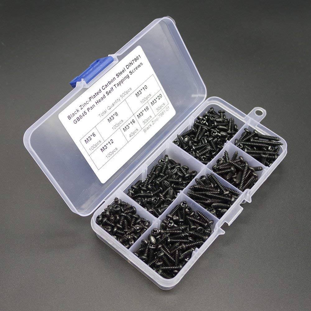 Evwoge 500pcs M3/3MM Diameter Phillips Pan Head Screws Self Tapping Drilling Screws Assortment Kit Carbon Steel 6mm 8mm 10mm 12mm 16mm 18mm 20mm Length