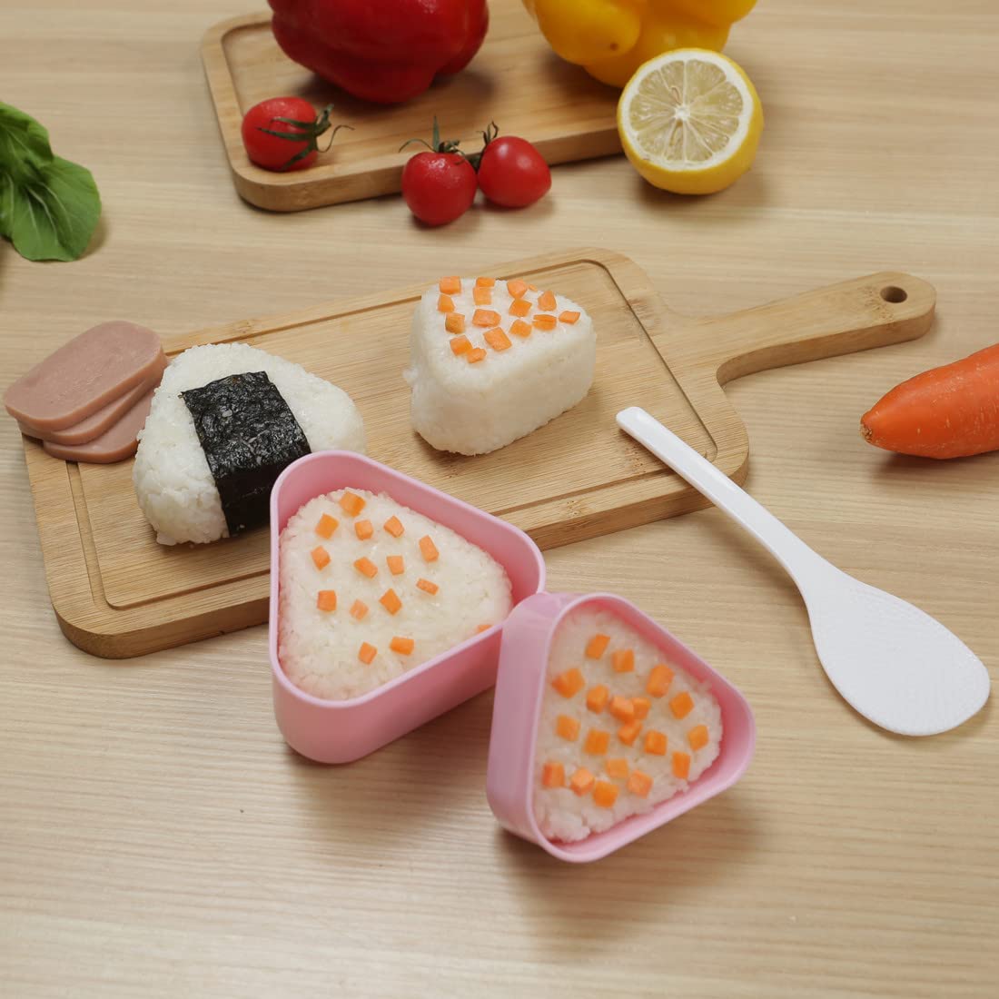 Aesumta Triangle Onigiri Mold,2 Pcs Sushi Mold ,Onigiri Mold Set with Wrapper Bags & Stickers for Bento Home DIY Sushi Making Kit (pink)