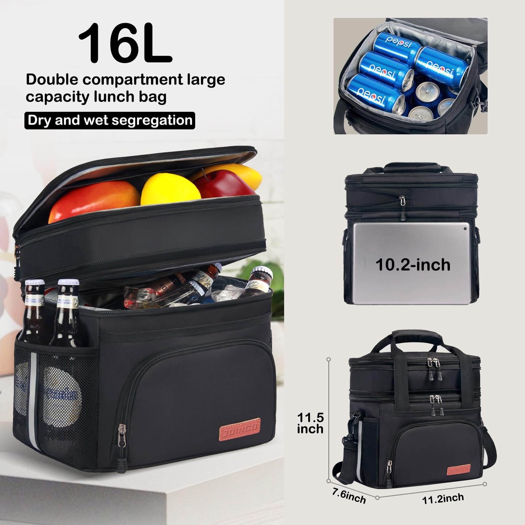 JOINGO Lunch Box For Men/Women,Large Double-layer Insulated Expandable Reusable Leakproof Cooler Bags For Adults,Lunch Box With Adjustable Shoulder Strap For Office Travel Picnic(Black)