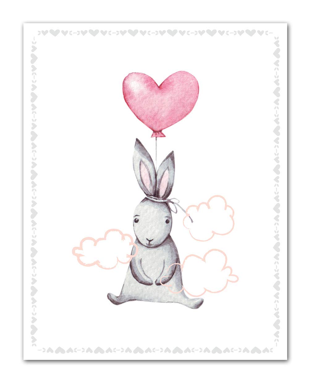 TJ Originals - Children's Nursery Bunny Wall Art - Unframed 11 x 14 Cute Colour Print - Makes a Great Gift for Family and Friends - Unique New Baby Gift, Under $20 Gift (Bunny Pink Balloon)