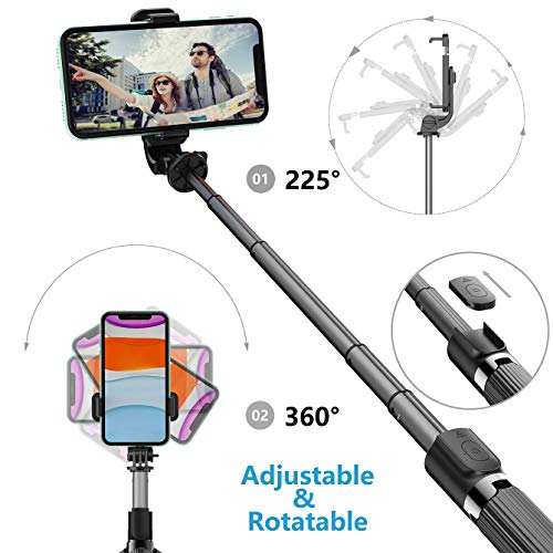 Selfie Stick Tripod with Removable Wireless Bluetooth Remote Shutter Compatible,Lightweight Extendable Aluminum Pocket Selfie Stick for iPhone 11/XR/X/8/8P/7/7P Android Phone，Gopro,Webcam and Camera
