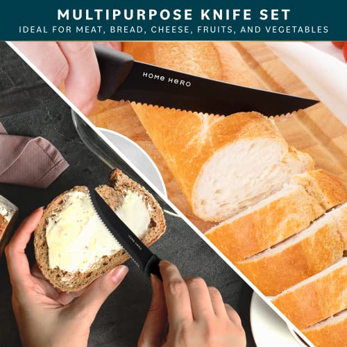 Home Hero Kitchen_Knife with Ultra-Sharp High Carbon Stainless Steel Blade for Kitchen with Ergonomic Handle Black, 8 Piece Set