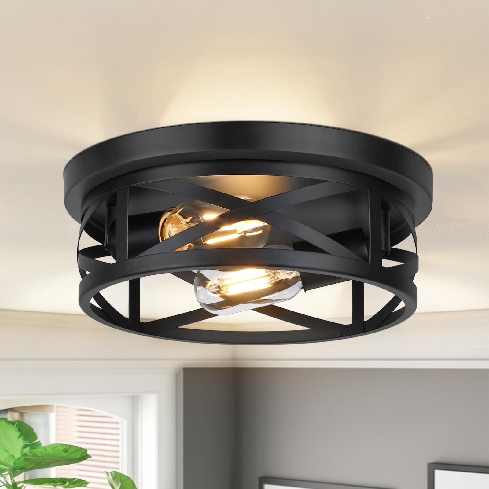 2-Light Flush Mount Ceiling Light Fixtures, 2-Pack Farmhouse Black Ceiling Lights, Industrial Metal Cage Light Fixtures Ceiling Mounted with Adjustable Head, Ceiling Lights for Bedroom Hallway Kitchen