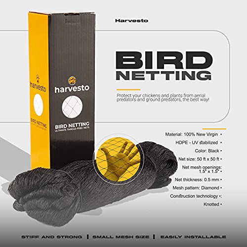 Harvesto 25 x 50Ft Bird Netting for Chicken Coops and Runs with 1.5" x 1.5" Durable Mesh Size; Keep Hawks and Birds Away and Protect Chicks from Raccoons, Fox and More Wild Animals