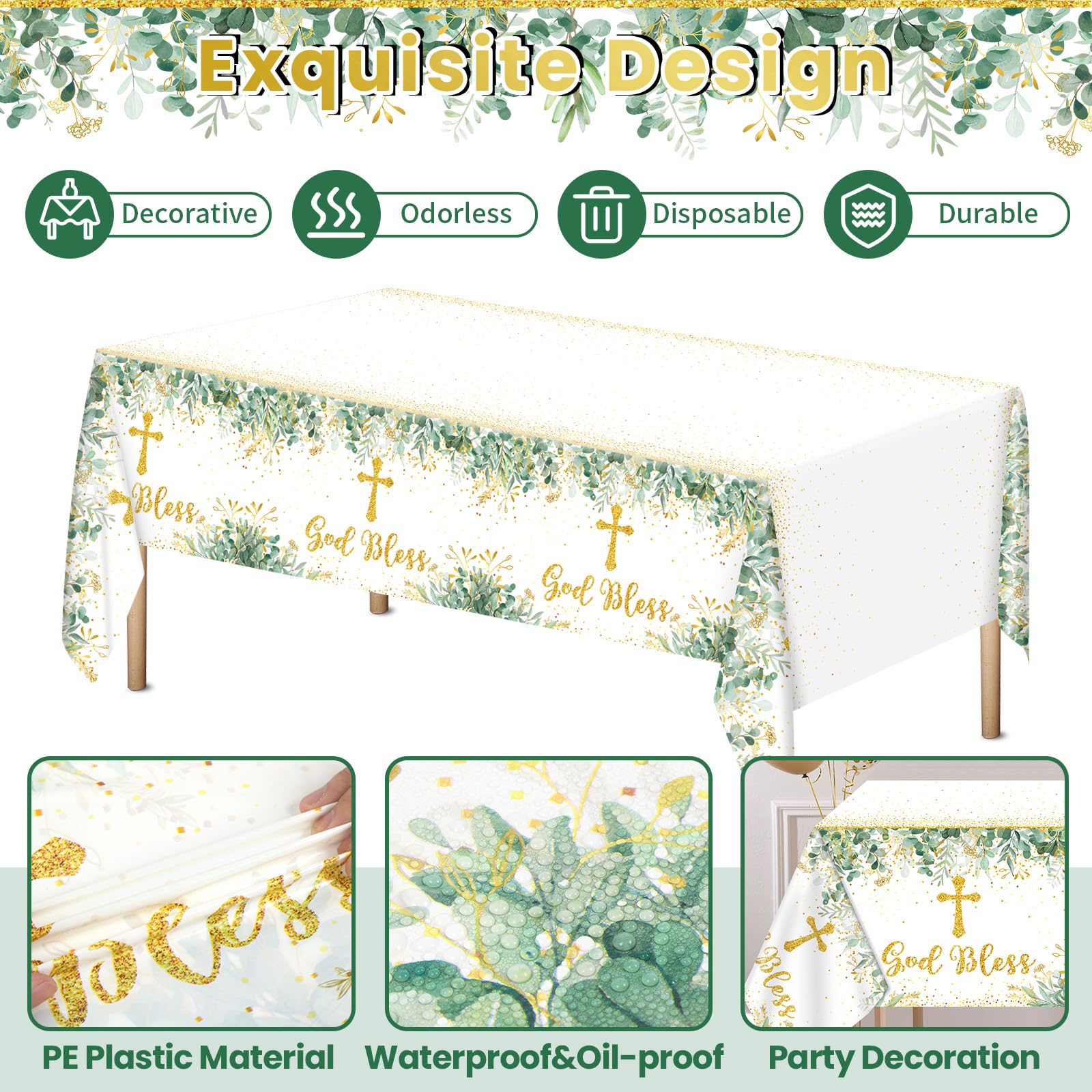 98pcs God Bless Plates Baptism Tableware First Holy Communion Mi Bautizo Disposable Tableware Set with Plates Napkins Tablecloth for Newborn Baby Shower Party Christening Religious Party Decorations