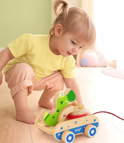 Baby Gift Wooden Toddler Pull Toy, Crocodile Drum Tapping Children's Toy, Baby dragging and Learning to Walk, Rope Traction Rope Crawling for Toddlers Ages 1+