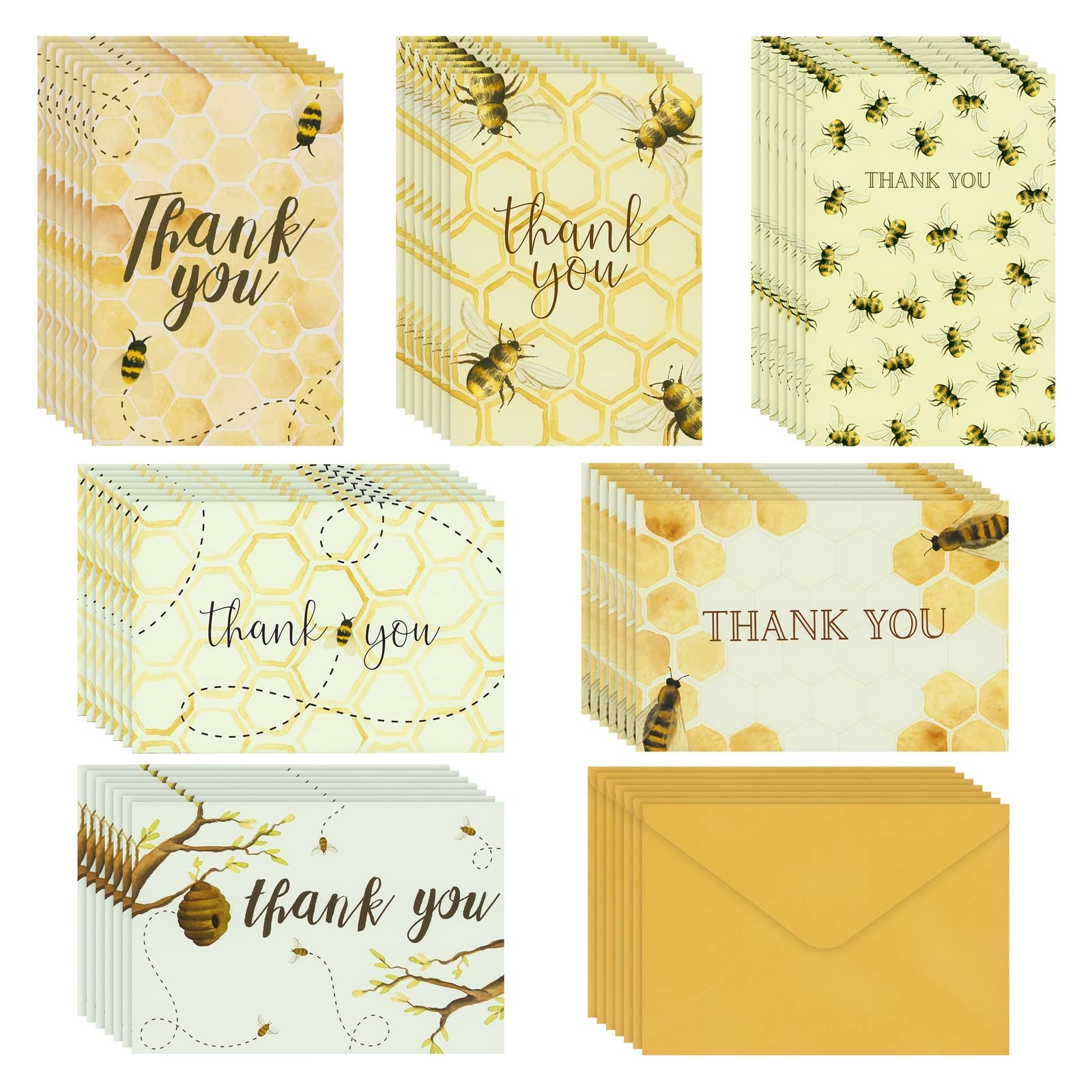 Pipilo Press 48 Pack Bee Thank you Cards Bulk, Bumblebee Honeycomb Design with Yellow Envelopes for Baby Shower, Birthdays (4x6 In)