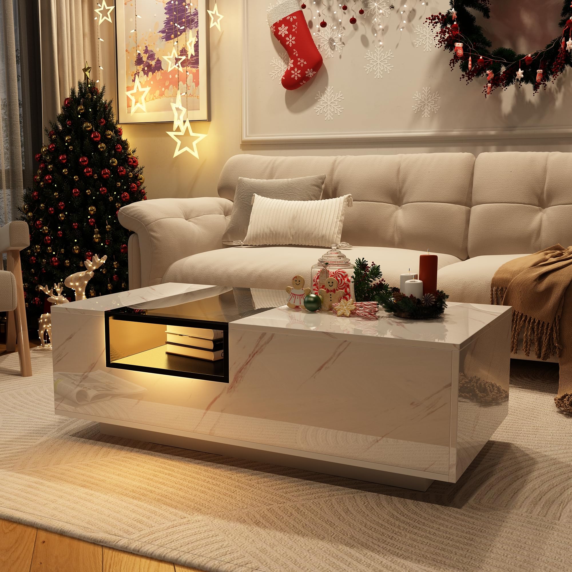 47.2" Large High Glossy LED Coffee Table, Modern Coffee Table for Living Room,Coffee Table with Marbling Print,RGB LED Lights,White Coffee Table for Living Room,Dining Room,Bedroom Home Office