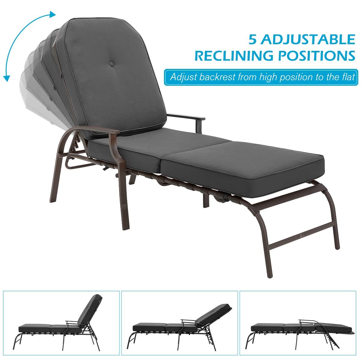 U-MAX Adjustable Outdoor Chaise Lounge Chair Patio Lounge Chair Recliner Furniture with Armrest and Cushion for Deck, Poolside, Backyard (Grey)