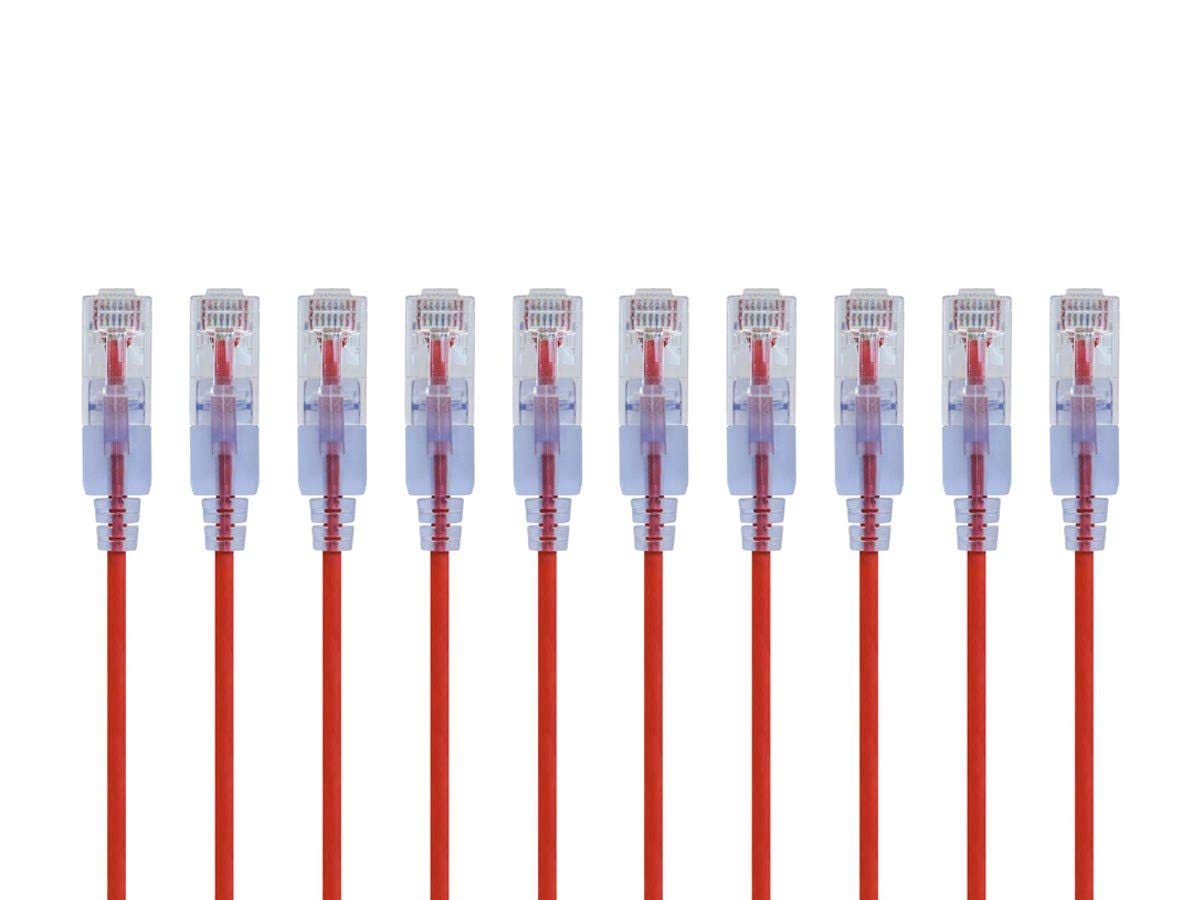 Monoprice Cat6A 2ft Red 10-Pk Patch Cable UTP 30AWG 10G Pure Bare Copper Snagless RJ45 SlimRun Series Ethernet Cable