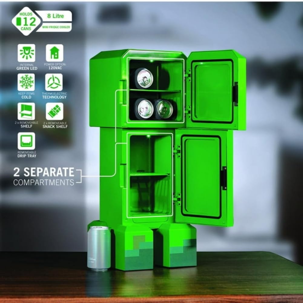 AintaP Green Creeper Body 12 Can Mini Fridge 8L 2 Door Ambient Lighting 25.2" H 9.5" W 9.1" D