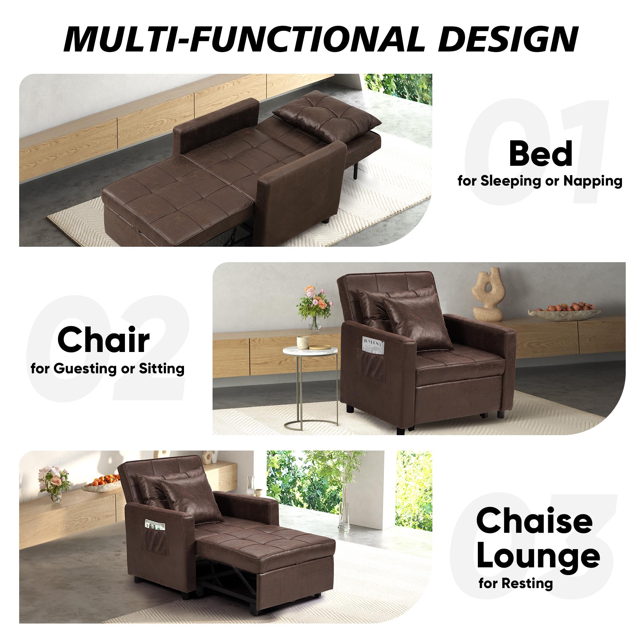 Convertible Sofa Bed, Sleeper Sofa with Adjustable Backrest, Armchair, Sofa, Bed, 3 in 1 Sleeper Chair, Single One, Brown
