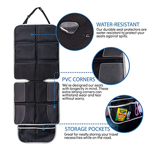 JOYSKY Car Seat Protector for Child Car Seat, 2 Pack Large Seat Protectors for Under Car Seat with Thick Padding and Storage Pockets, Full Protection for Your Vehicle Leather Seats