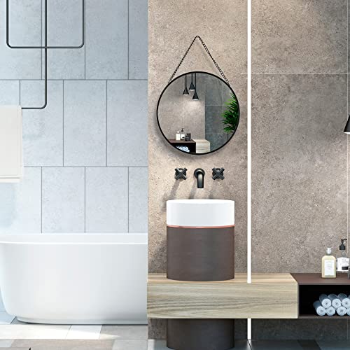 Bowenturbo Hanging Wall Mirror Decorative Metal Round Mirror with Chain for Home Decor Bathroom Bedroom Living Room… (7.9", Black)