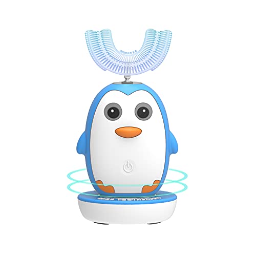 SHNOKER Electric Toothbrush with U-Shaped Toothbrush, with Charging Base Ultrasonic Automatic Toothbrush,IPX7 Waterproof,Three Clearing Modes,Cartoon Modeling Design for Kids (Blue 3-6 Year)