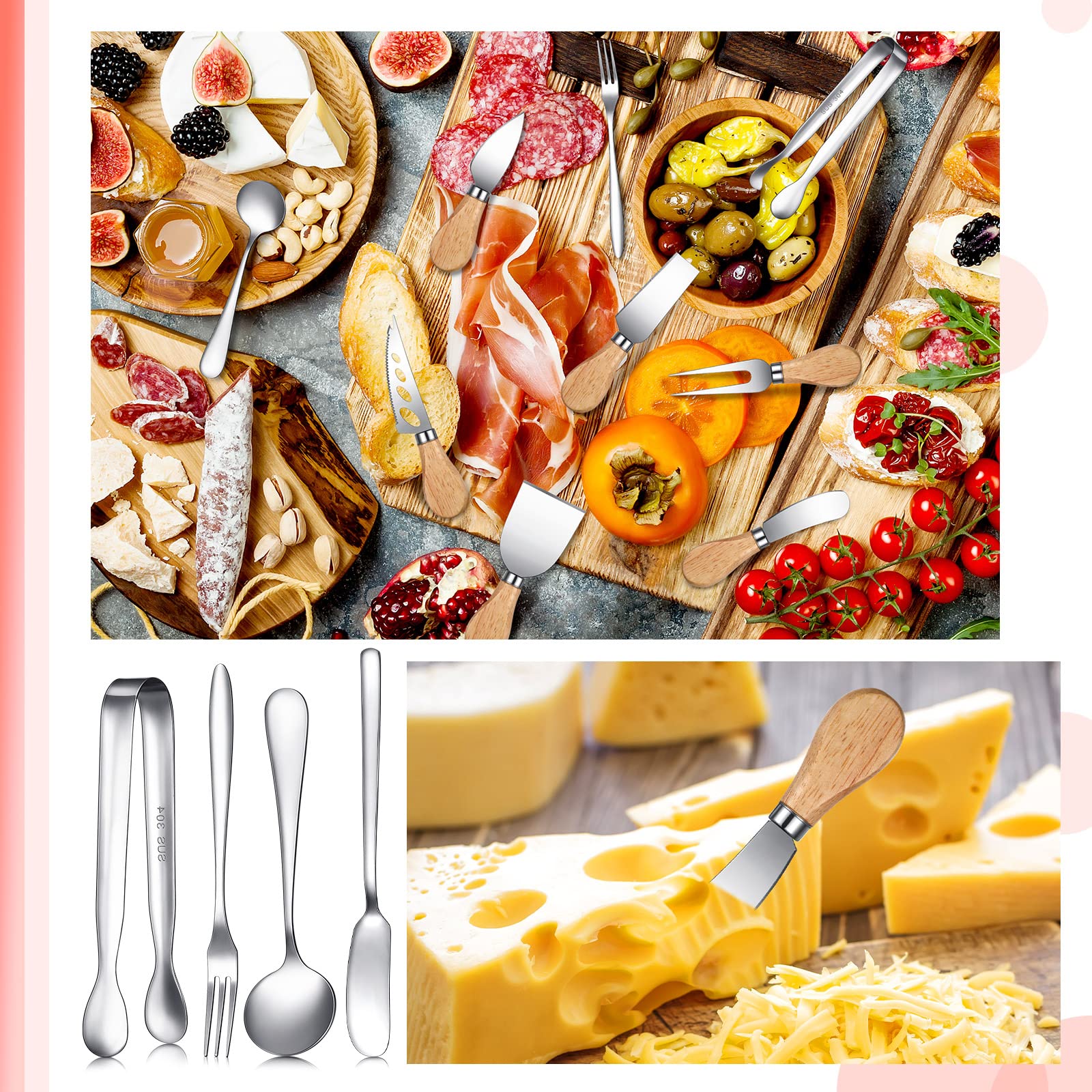 48 Pieces Cheese Knife Set Include 8 Pieces Stainless Steel Cheese Spatula Set with Wooden Handles 40 Pieces Stainless Steel Cheese Spatula Set for Birthday Wedding Christmas