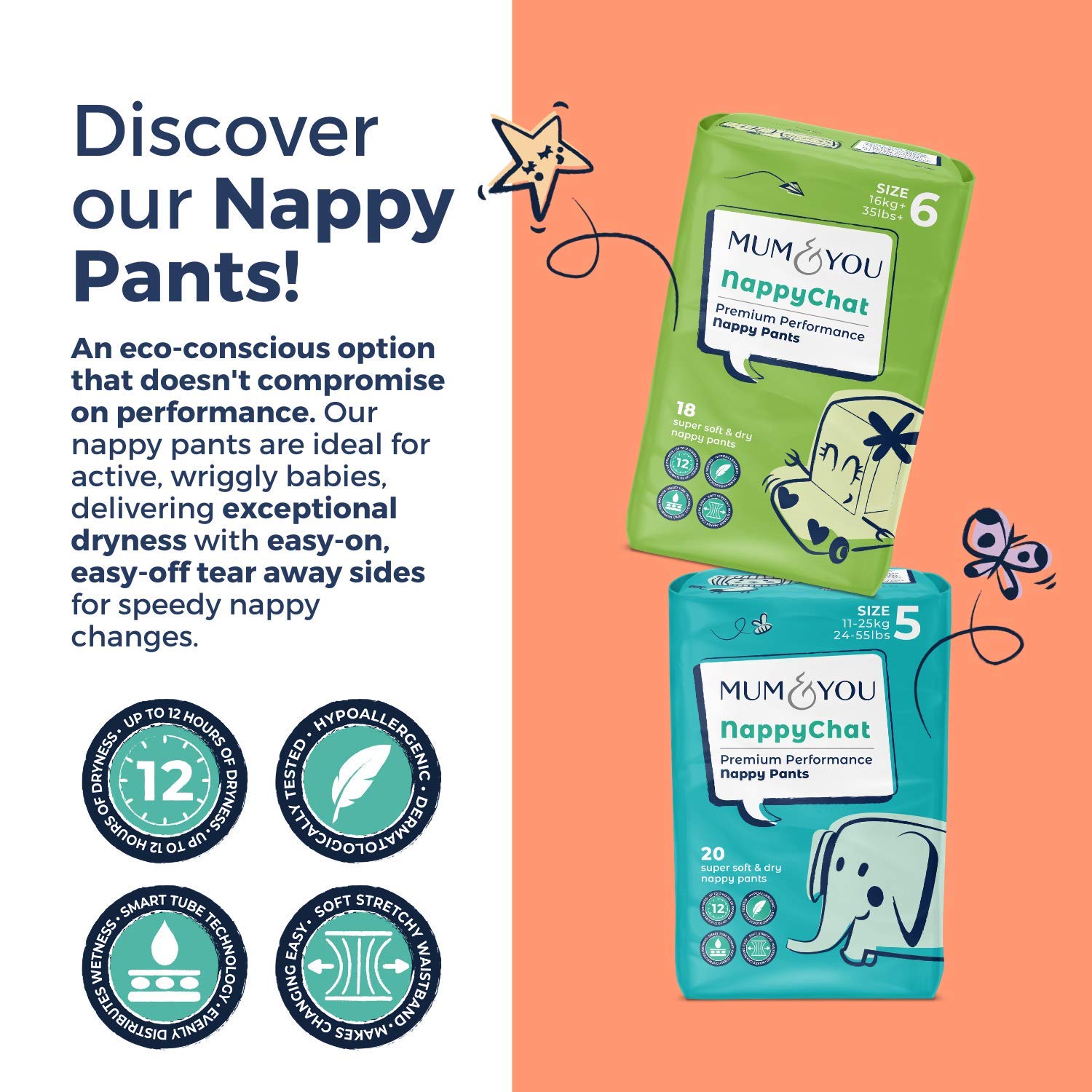 M&Y Nappychat Premium Performance Eco Diapers, Size 4 (38 Diapers) Smart Tube Technology. Leak Protection. 100% Recyclable. Hypoallergenic, Dermatologically-Tested No Lotion, Perfume or Dyes