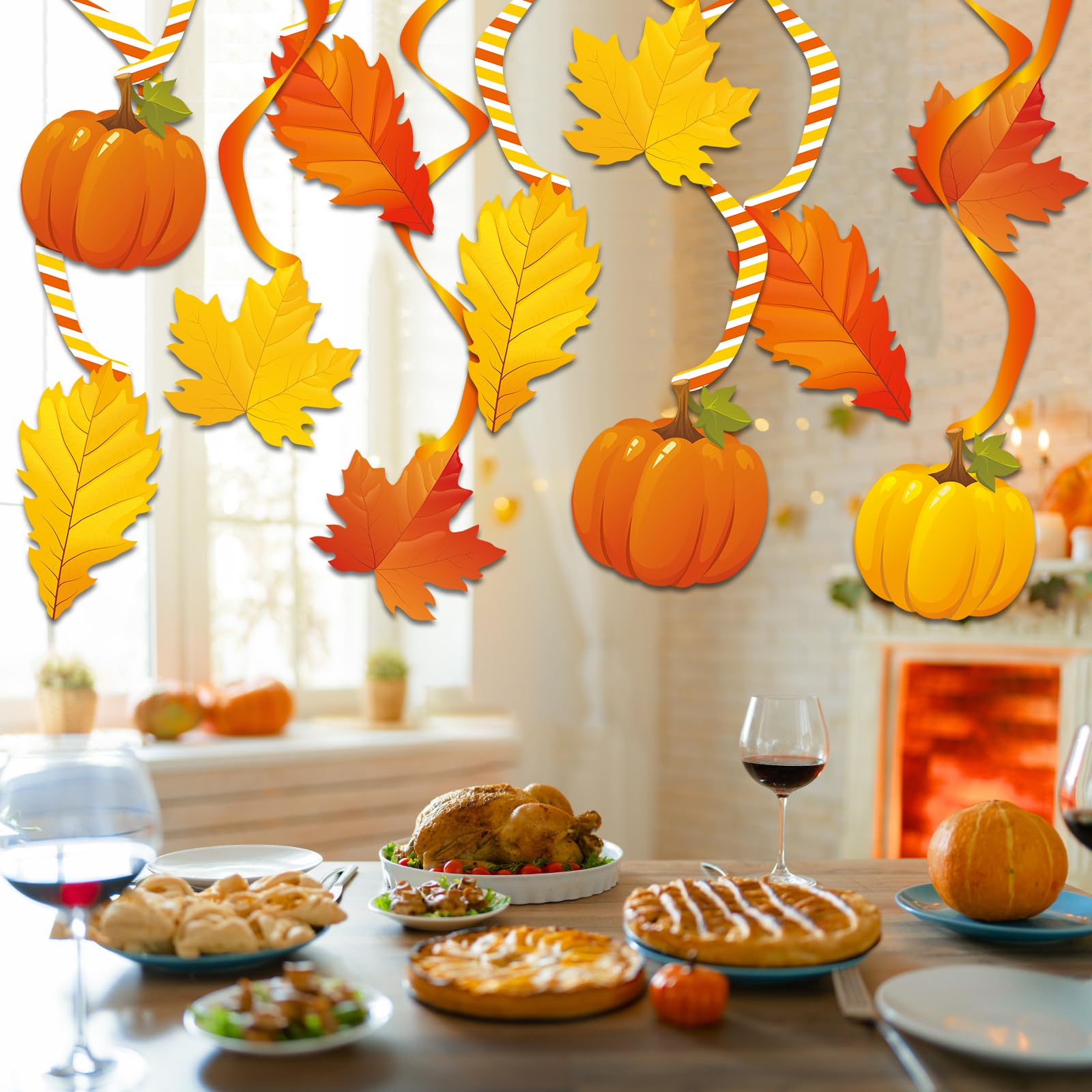 WEEPA 24 Pieces Fall Pumpkin Hanging Swirls Maple Leaves Swirls Decorations Fall Thanksgiving Ceiling Hanging Decorations for Home Autumn Thanksgiving Harvest Decor Party Supplies (Maple)