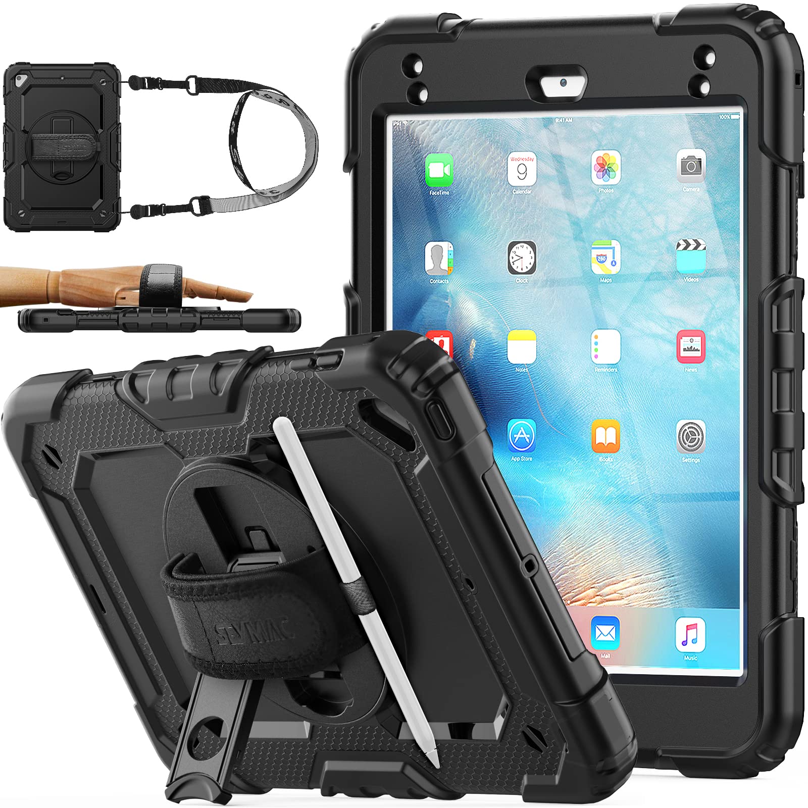 SEYMAC stock Case for iPad Mini 5/4 with Screen Protector Pencil Holder [360 Rotating Hand Strap] & Stand, Drop-Proof Case for iPad Mini 5th/4th Generation 7.9 inch (Black)