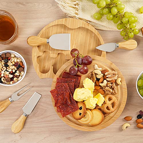Bamboo Cheese Board and Knife Set,Round Charcuterie Board Set with 4 Knives,Cheese Board Set with Slide-Out Drawer,House Warming Gifts New Home