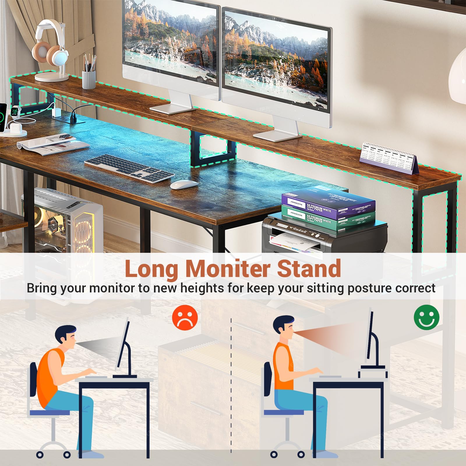 Aheaplus L Shaped Desk with File Drawer, 72.8" Reversible L Shaped Computer Desk with Power Outlet & LED Strip, Gaming Desk with Monitor Stand, Office Desk Corner Desk with Storage Shelf, Rustic Brown