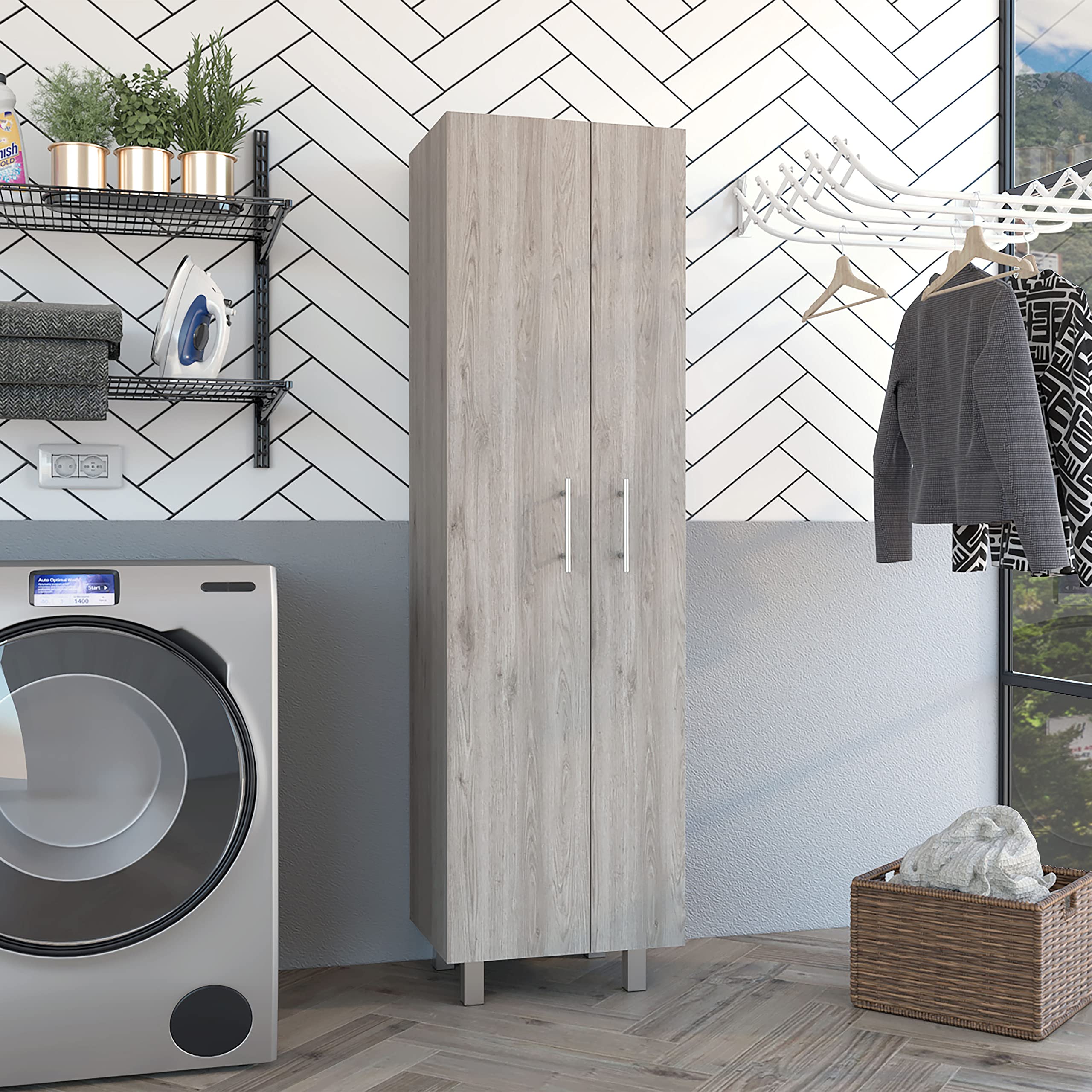 FM FURNITURE Norway Broom Closet Pantry with 5 Shelves and Double Doors, Light Gray/White