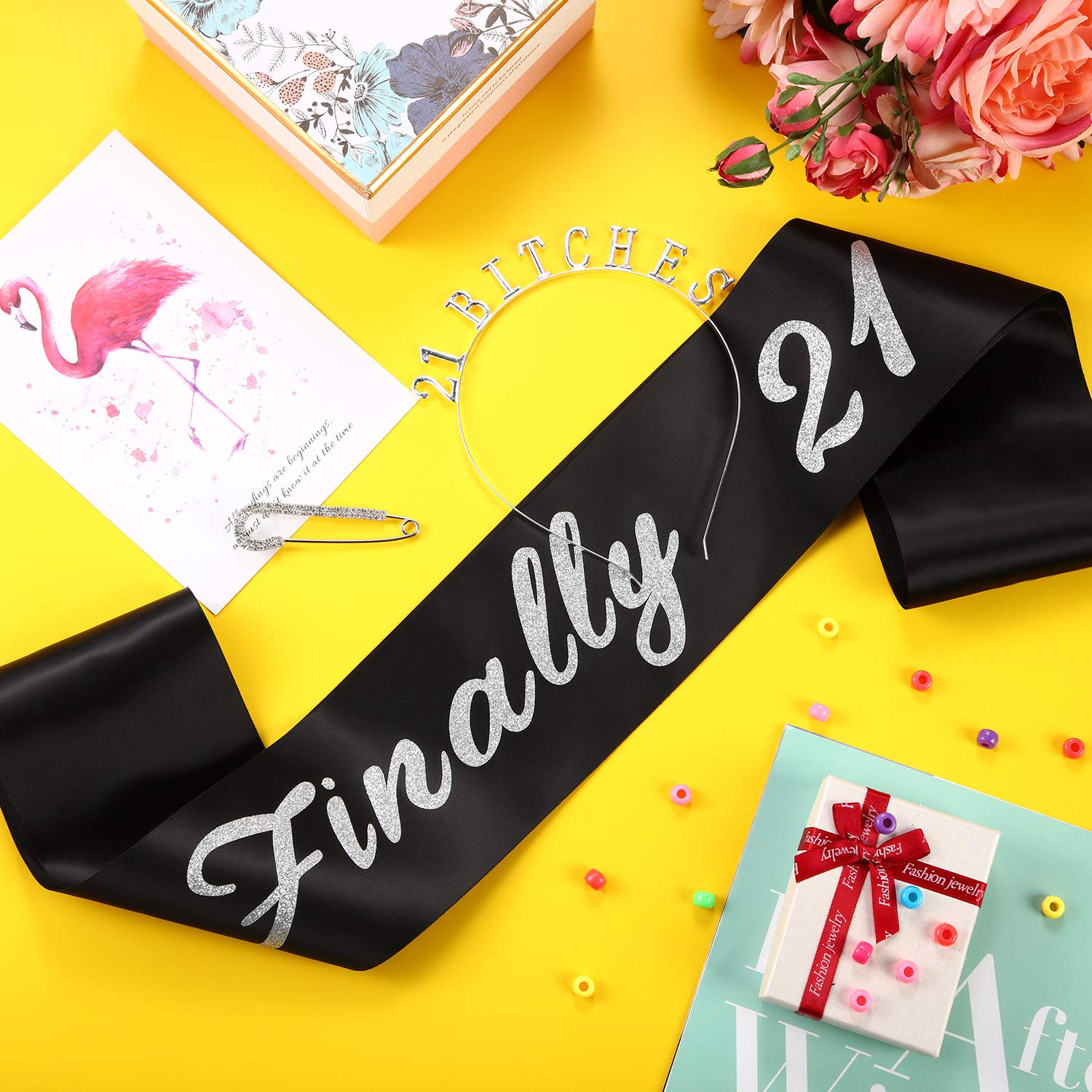 21st Birthday Sash Crown Tiara Headband Brooch Clip Pin, 21st Birthday Party Costume Set, Totally 3 Pieces