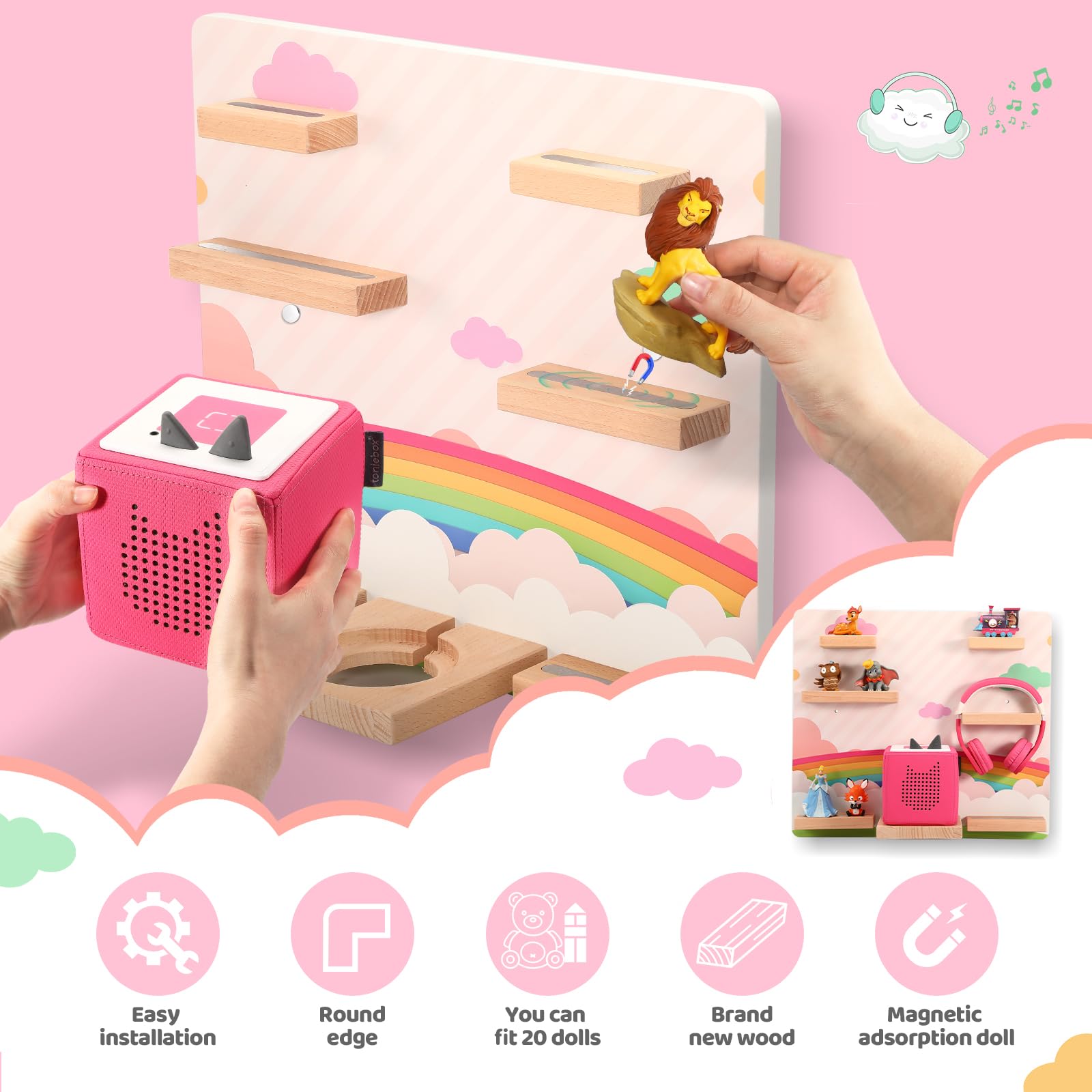 OUKNAK Floating Shelf for Toniebox, Wall Mount Magnetic Wooden Shelf with Carrying Case Compatible with Tonie Audio Player Figures Character for Children Baby's Room (Rainbow)
