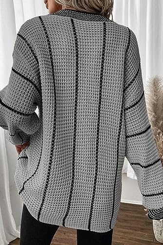 AlvaQ Women Sweaters Winter Fall Fashion Color Block Striped Sweaters Casual Long Sleeve V Neck Pullover Knit Jumper Tops Gray Medium