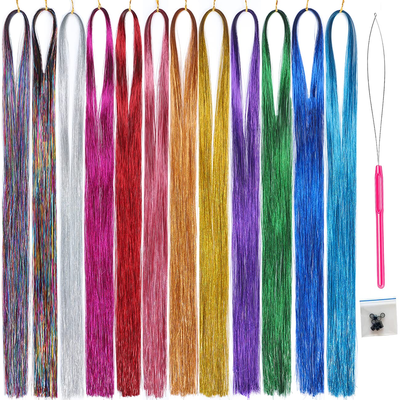 UPTOUP 46 inch Hair Tinsel Kit with Tools 12 Colors 2000 Strands Glitter Sparkling Shiny Hair Extensions Silk Fairy (12 colors)