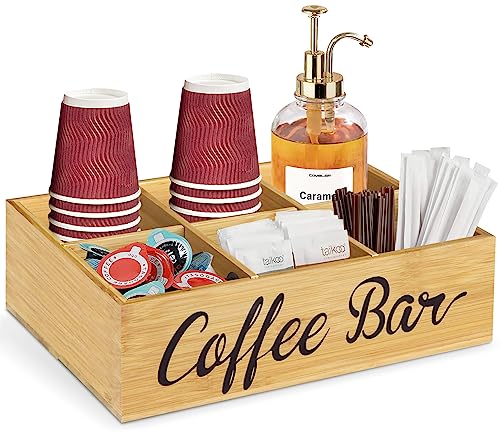 Bamboo Coffee Station Organizer, Coffee Bar Accessories Organizer for Coffee Bar Decor, Kcup Coffee Pods Holder Storage Basket with Removable Dividers, Coffee Bar Organizer Tea Bag Dispenser