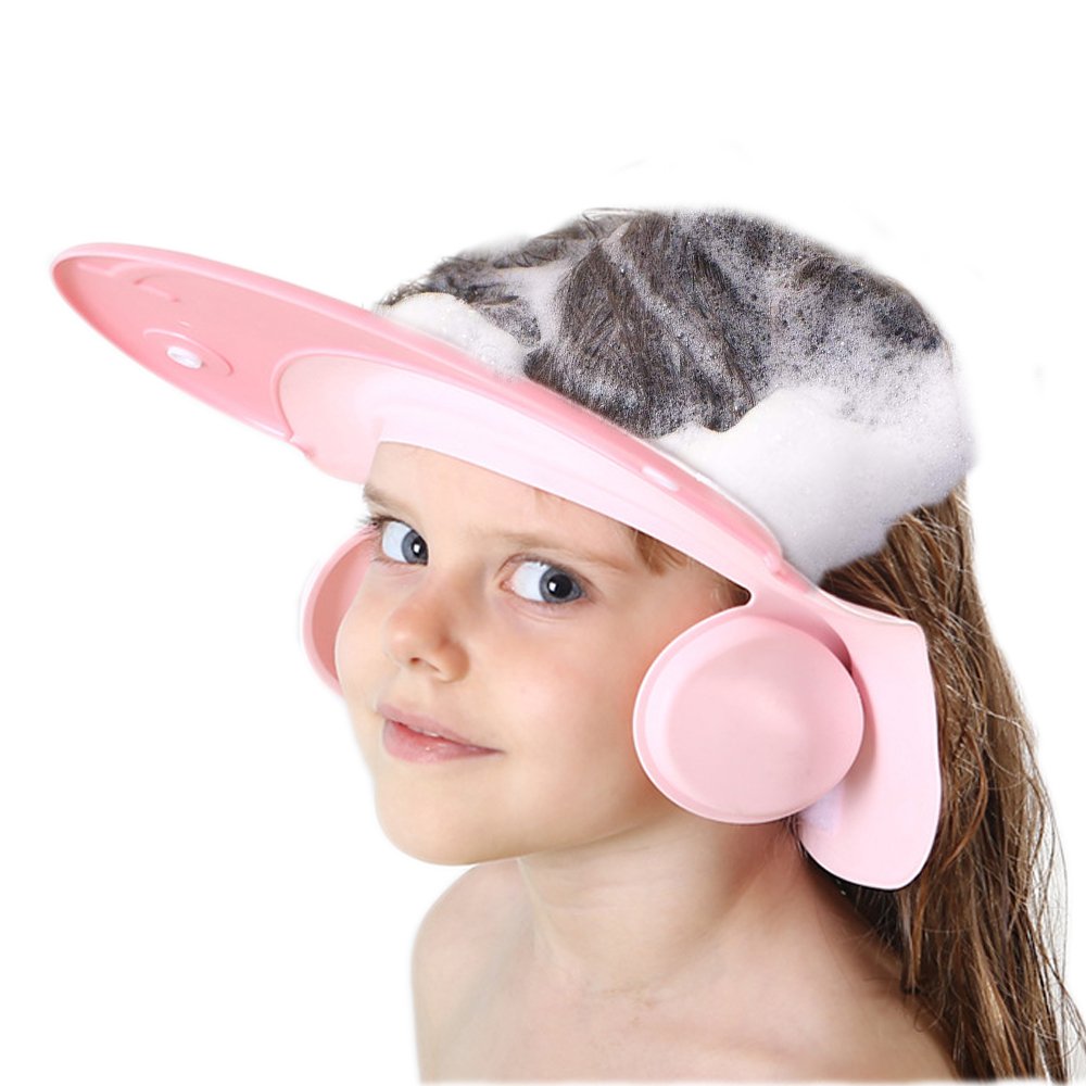 Shower Cap for Kids, Baby Shower Cap Bath wash Shampoo Rinser Shield Hat Adjustable Head Hair Visor Protection Toddler and Children,Prevent Water from Entering Eyes and Ears(Pink)