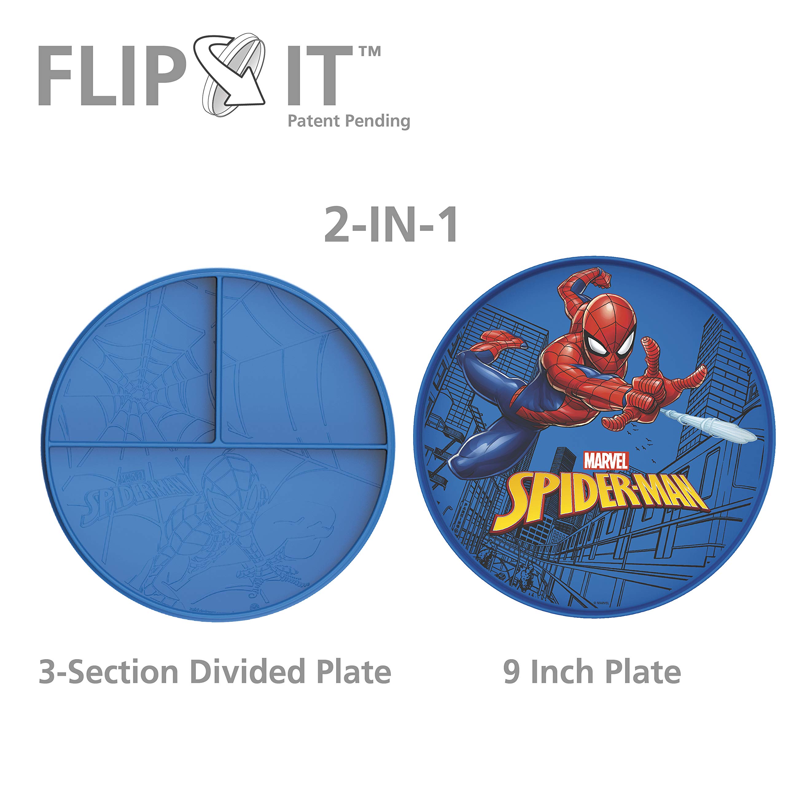 Zak Designs Marvel Spider Man Double-Sided Embossed Texture and 3 Sections Durable Material is BPA Free and Perfect for Kids (9", Set of 2), 9 inches, SpiderMan Classic PP Flip-It Plate 2pc (SPCE-1390)