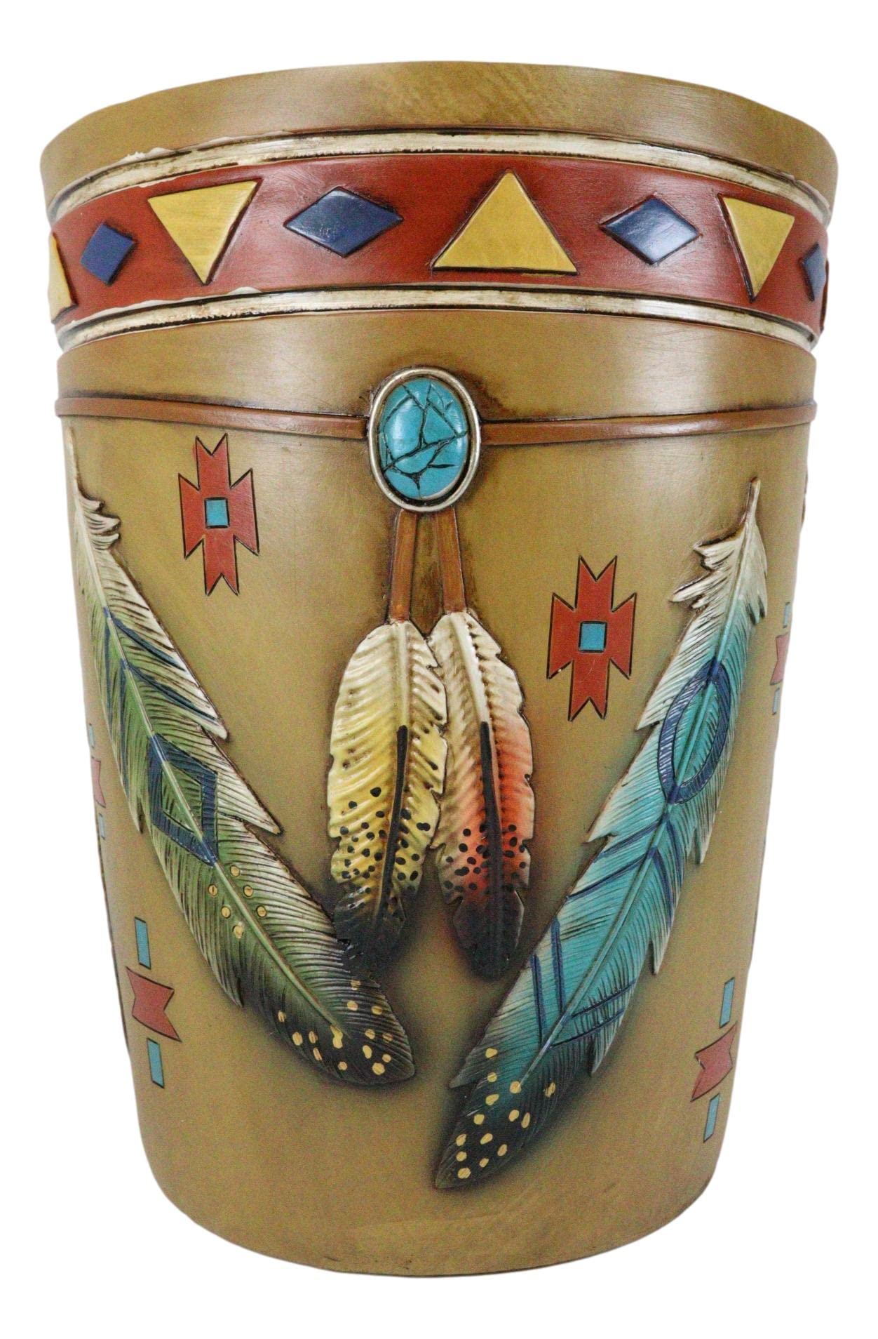 Ebros Gift Southwestern Tribal Native American Indian Colorful Feathers with Crackled Turquoise Stone Dream Catcher Design Dry Waste Basket Bin Bathroom Vanity Accent Figurine Decor Accessories