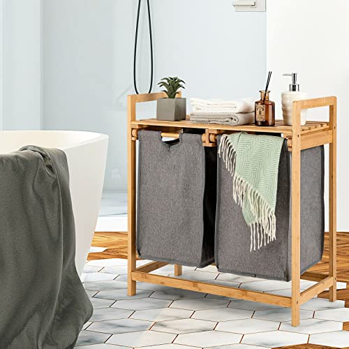Bamboo Laundry Hamper with Dual Compartments Laundry Sorter and Sliding Bagswith Removable Sliding Bags & Shelf β Wooden Bamboo Laundry Organizer Cabinet for Bathroom (HOOYA1297)