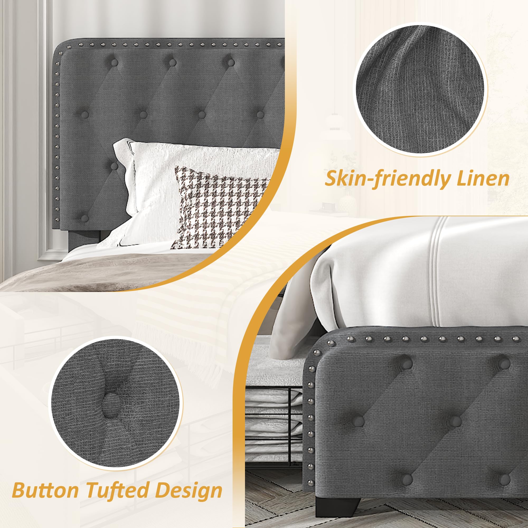 Lifezone Queen Bed Frame with Headboard Faux Leather Upholstered Metal Queen Bed Frame with 4 Storage Drawers, Adjustable Headboard/All-Metal Support/No Box Spring Needed/Easy Assembly, Black