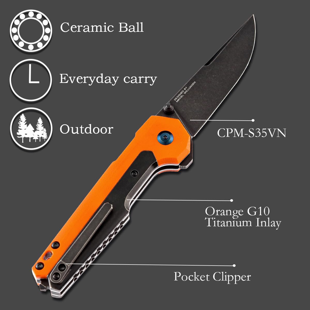 KANSEPT EDC Tac 7.43in Folding Pocket Knives with 3.53in Black Ti-coated S35VN Drop Point Blade and Orange G10 + Titanium Inlay Handle, Button Lock Knife for Outdoor,Tactical,Camping K2009A7