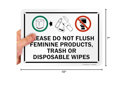 SmartSign 7 x 10 inch “Please Do Not Flush Feminine Products, Trash Or Disposable Wipes” Bathroom Etiquette Sign, 55 mil HDPE Plastic, Multicolor, Made in USA