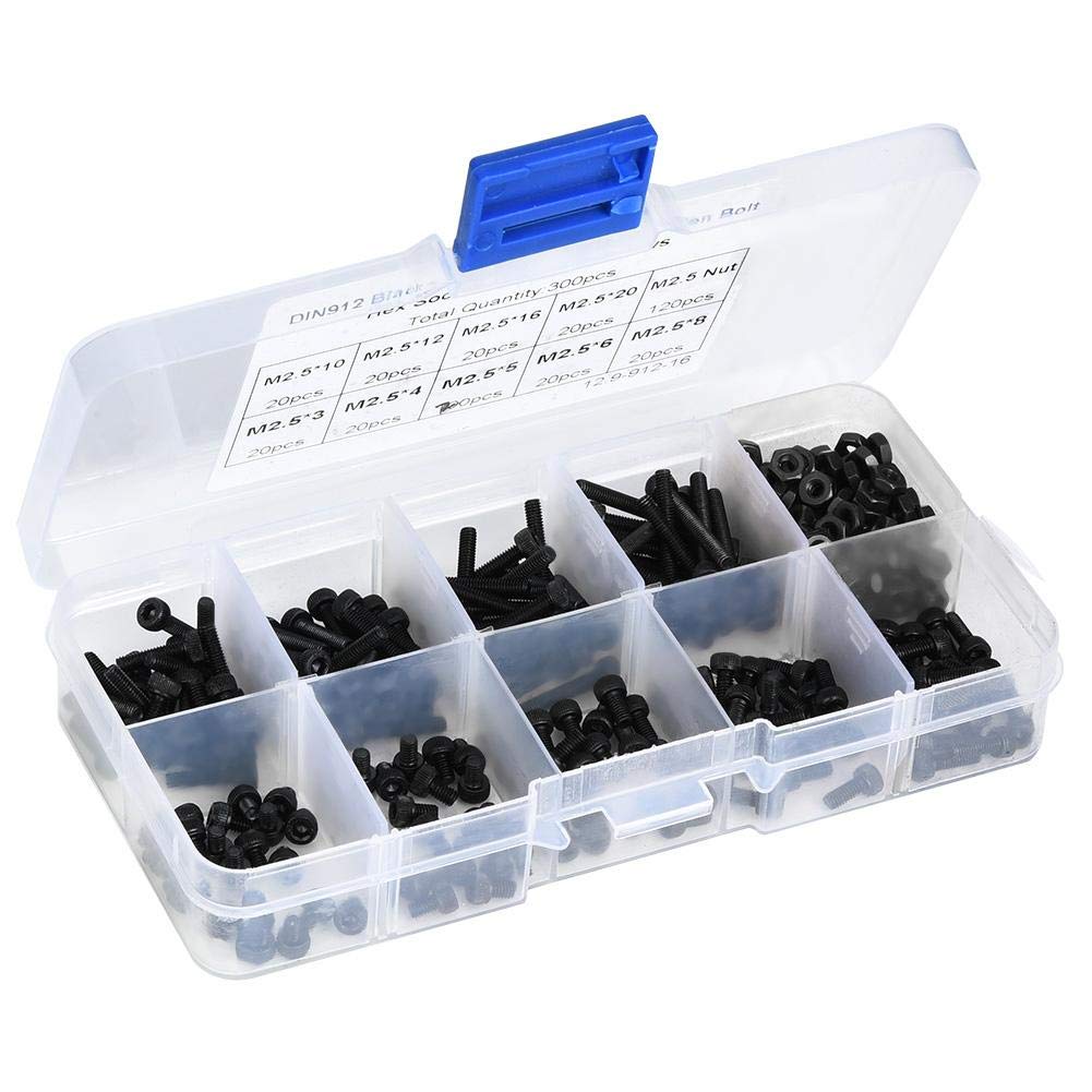 M2.5 x 3-20mm Alloy Steel Socket Head Screws, Black Screw Bolt with Nut, 300Pcs Socket Head Cap Screw Fastener for Professionals Amateurs