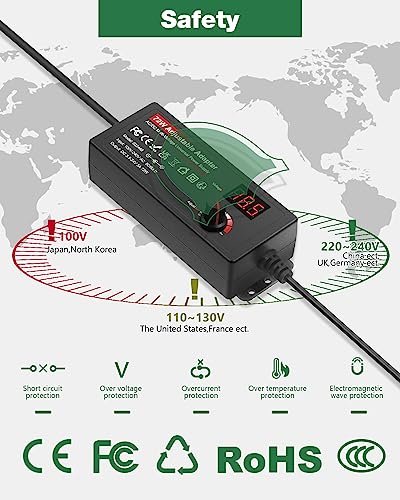 JOVNO Universal Power Supply 3V-24V 3A 72W Adjustable AC/DC Adapter 100~240V AC to DC 5V 9V 12V 15V 19V 20V with LED Display 14 Plugs 1 Reverse Polarity Converter Cable for LED Strips Motors Speaks