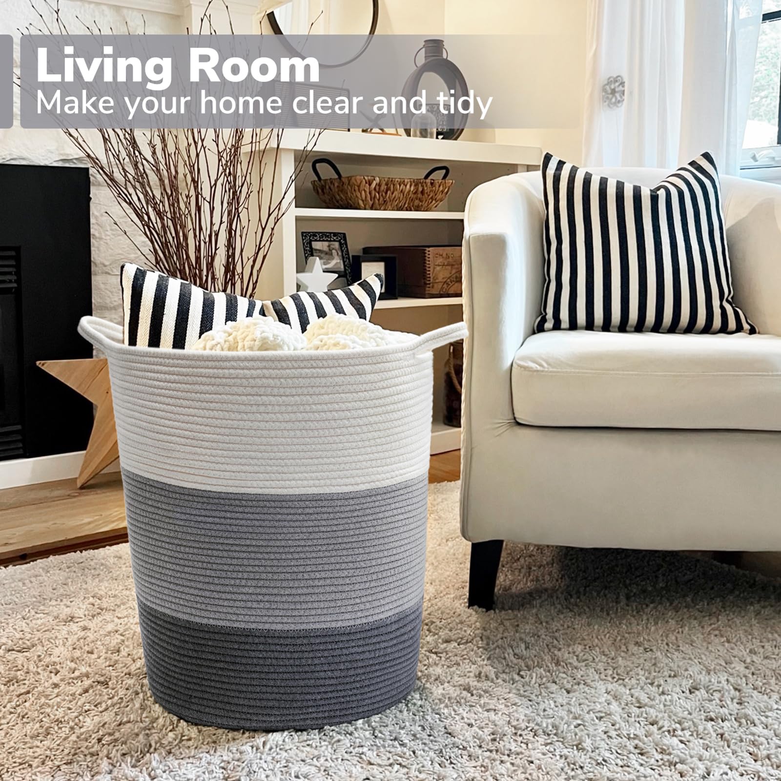 INDRESSME 17¾ x 15¾ x 13¾ inches Grey Baby Laundry Basket Thread Cotton Rope Basket Toy Storage Basket Organizer Tall Woven Basket Blanket Storage Baby Laundry Nursery Hamper for Living Room Toy Gifts