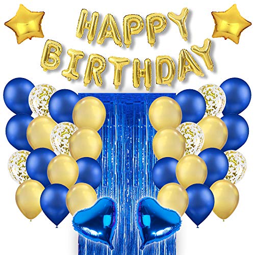 TJOUL Blue Birthday Party Decorations with Gold Happy Birthday Balloons Banner, Blue Gold Balloons, Blue Foil Fringe Curtains for Birthday Party Supplies