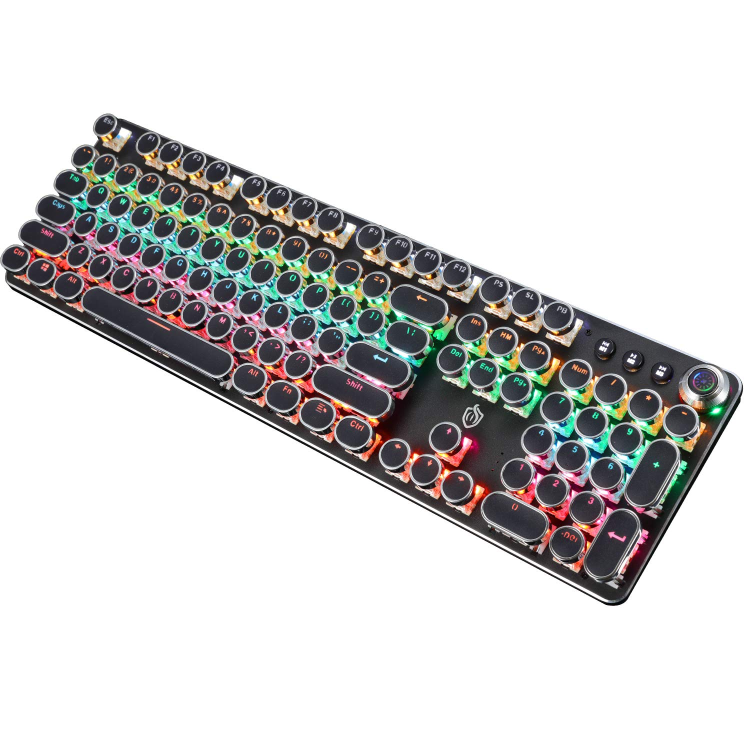 Mechanical Keyboard LED Backlit Retro USB Keyboard -Blue Switch - Retro Style and Round Keycaps -104 Keys Vintage Steampunk Gaming Multimedia Macro Program Keyboard (Black)