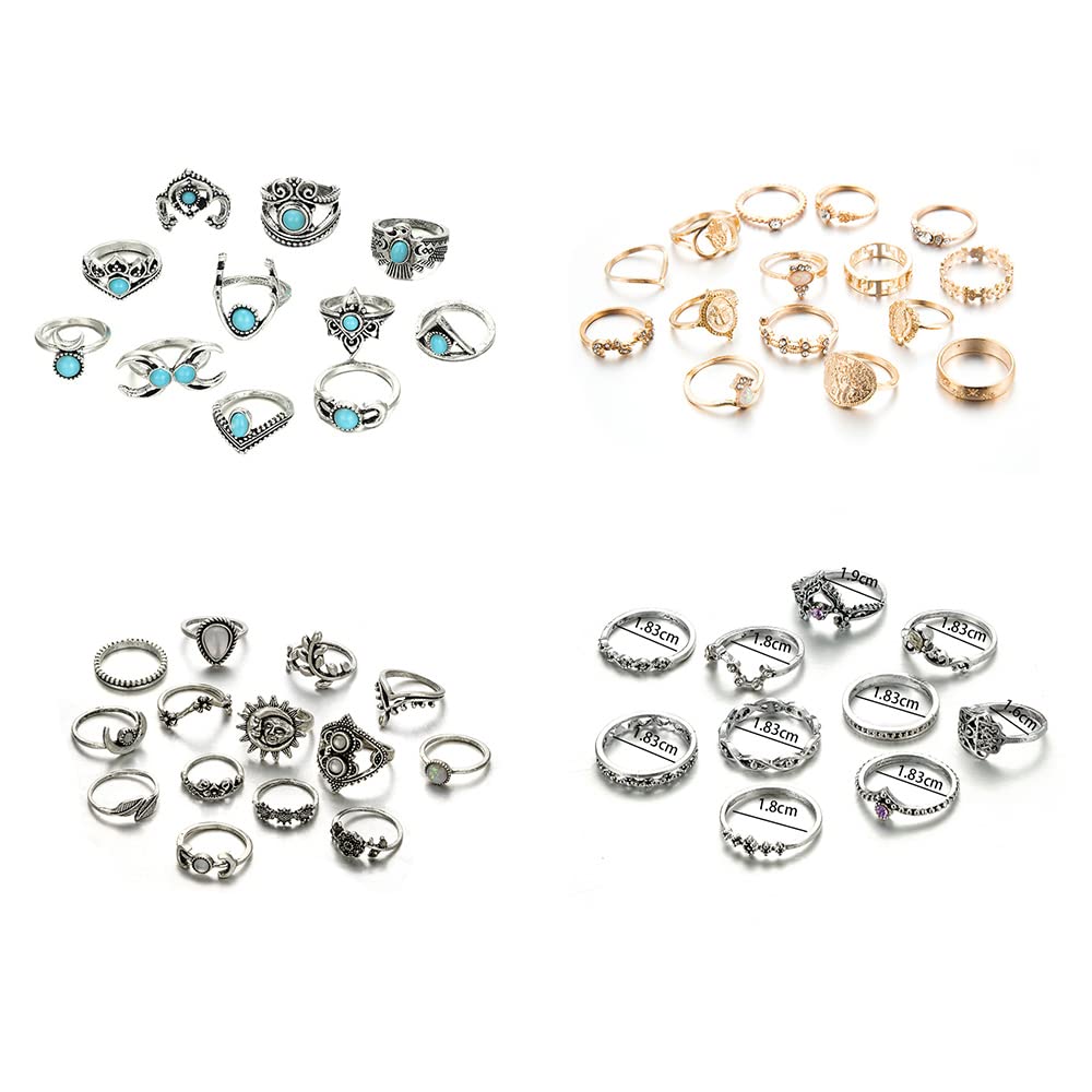 50Pcs Boho Knuckle Rings Set Turquoise Gemstone and Crystal Vintage Stackable Finger Rings Midi Ring for Women Hollow Carved Flowers Gold&Silver Ring Crystal Joint Rings