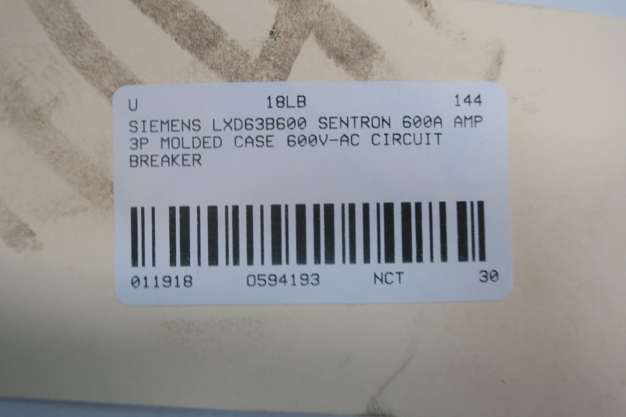 SIEMENS LXD63B600 SENTRON MOLDED CASE CIRCUIT BREAKER 600A 3P 600V-AC D594193
