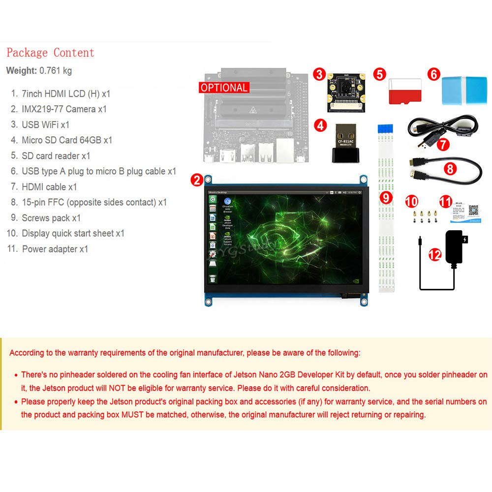 Jetson Nano 2GB Developer Accessories Kit for Small Powerful Computer AI Development Board with 7 inch IPS Touch HDMI Screen LCD Display Micro Card 64GB USB WiFi 8MP Camera Module @XYGStudy (AcceC)