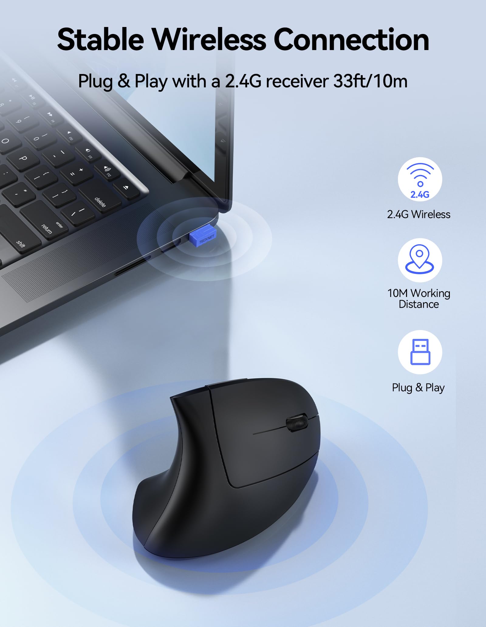 TECKNET Ergonomic Mouse, Rechargeable Vertical Ergo Mouse Wireless, Silent 2.4GHz 6 Buttons Optical Carpal Tunnel Mouse, 5 Adjustment Levels, Up to 4800DPI Wireless Mouse for Laptop, Desktop, PC