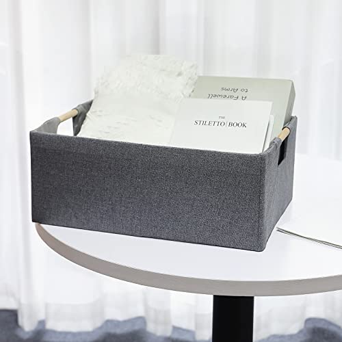 LaMorée Fabric Storage Bin Box Foldable Cotton Linen Storage Basket with Wooden Handles Rectangular Cube Decorative Home Nursery Laundry Organizer Clothes Blanket Container – Gray, Small