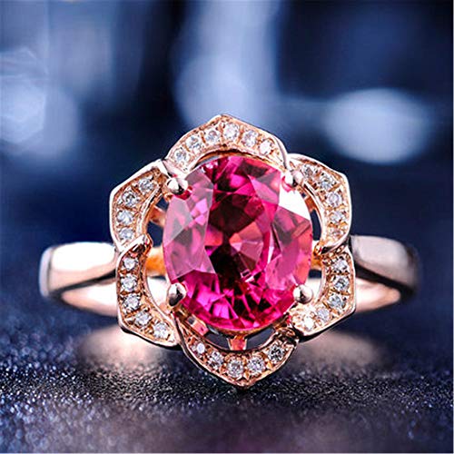 925 Silver Color Treasure Natural Rubellite Women's Ring Diamond Cluster Rings Rose Plated 18K Gold Flower Shape Ring Ruby Bridal Round Cut Cubic Zirconia Engagement Wedding Ring 583 (Red)